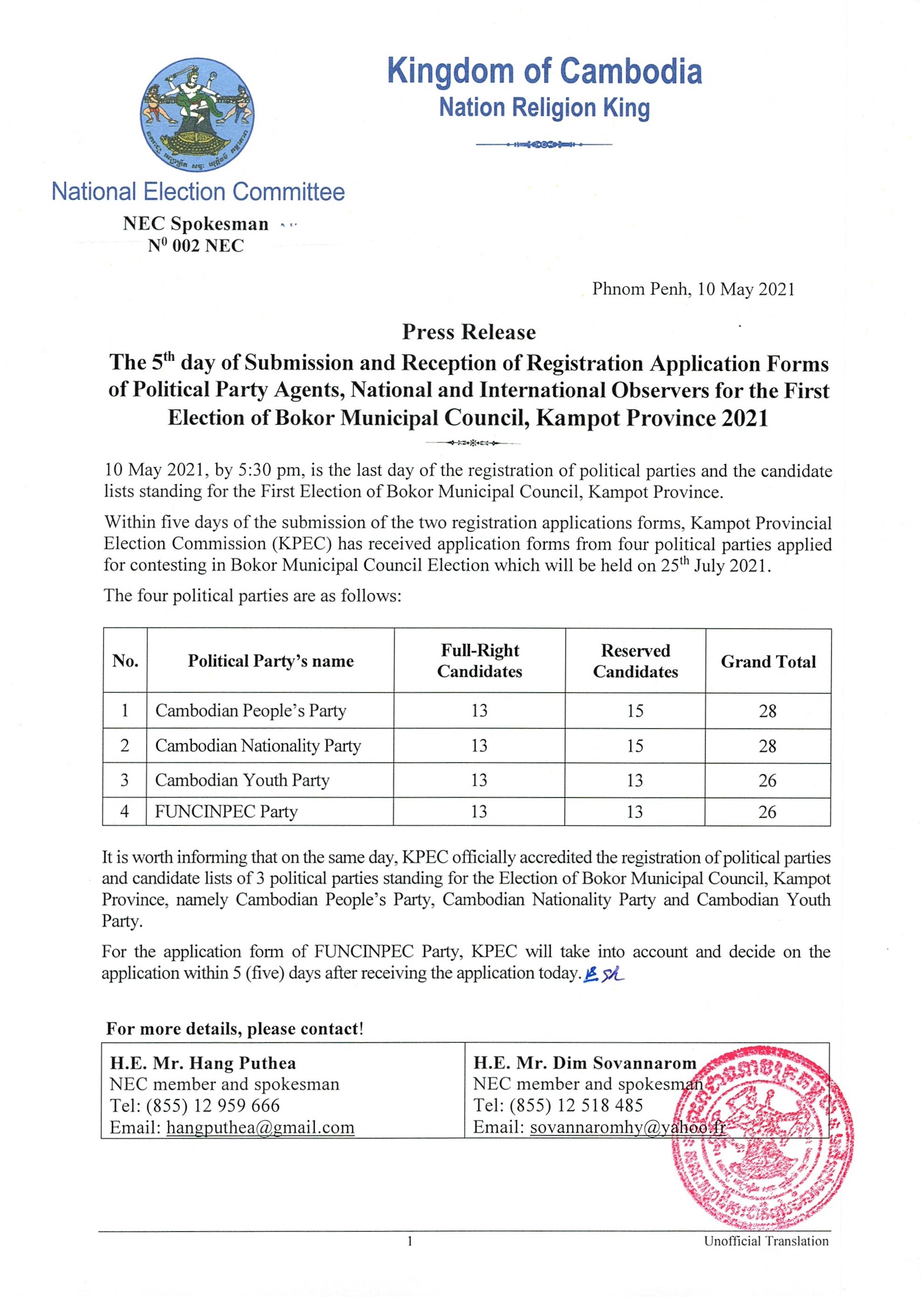 Press Release : The 5th Day of Submission and Reception of Registration ...