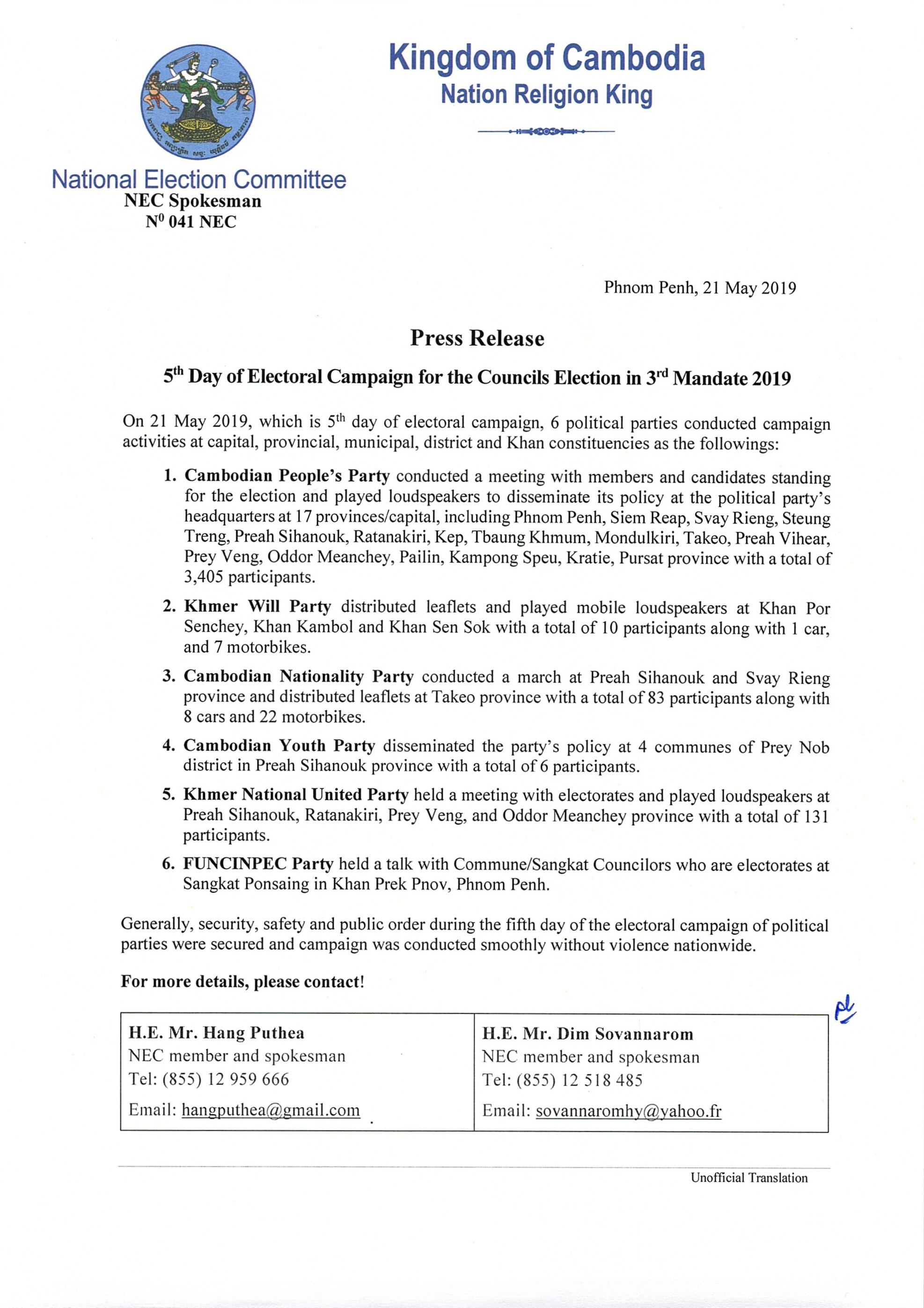 Press Release: 5th Day of Electoral Campaign for the Councils Election ...