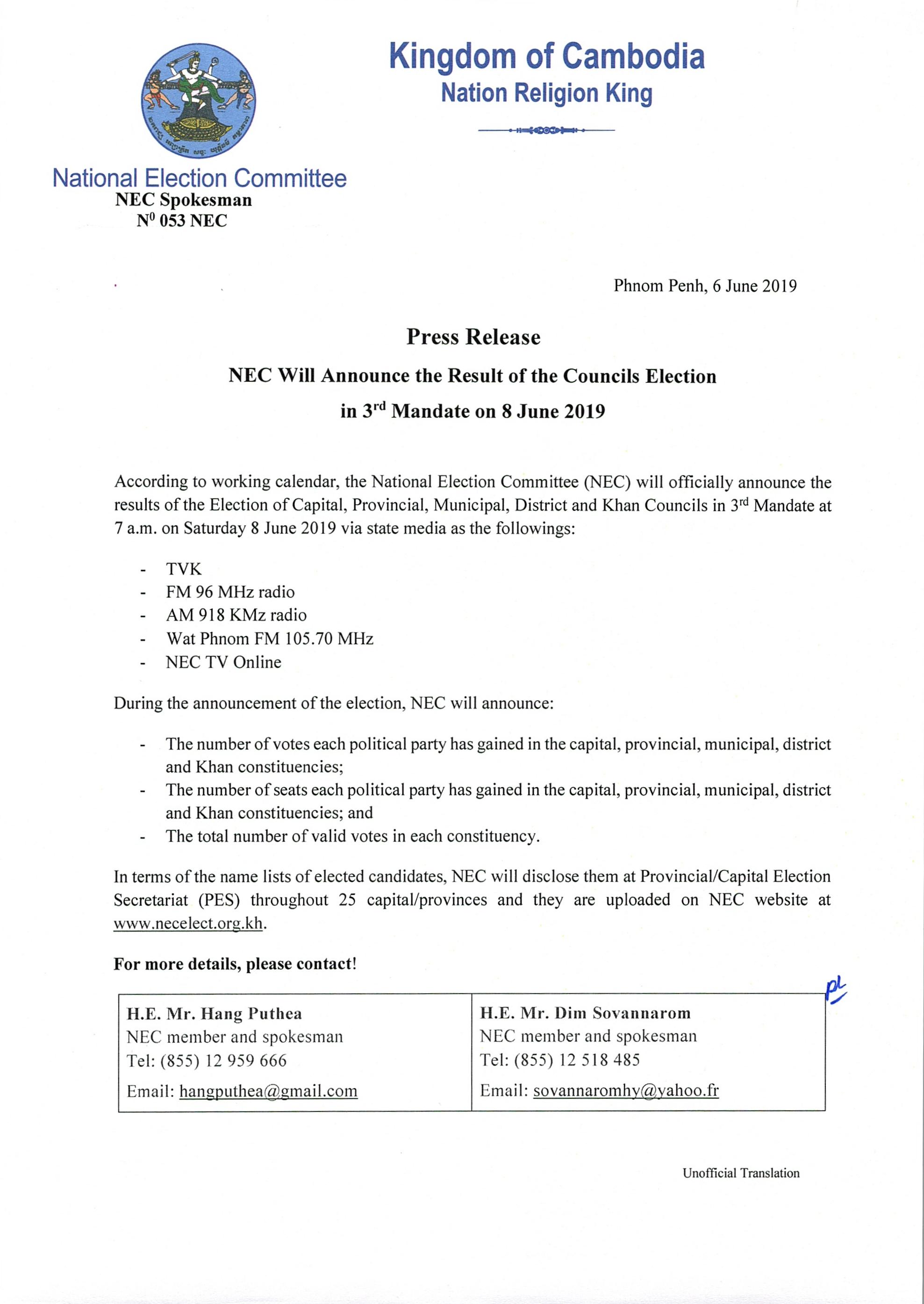 Press Release : NEC Will Announce the Result of the Councils Election ...