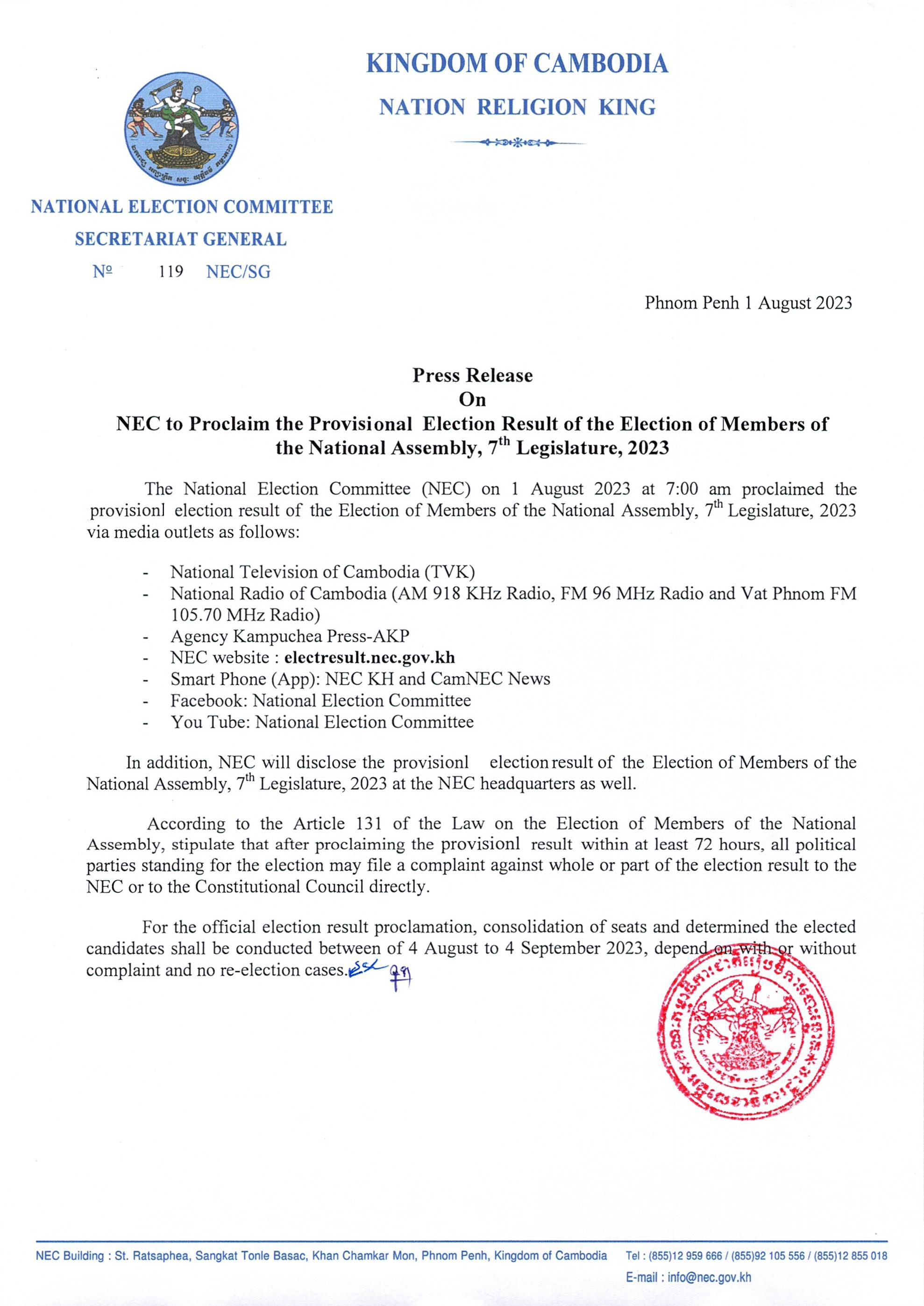 Press Release On NEC to Proclaim the Provisional Election Result of the ...