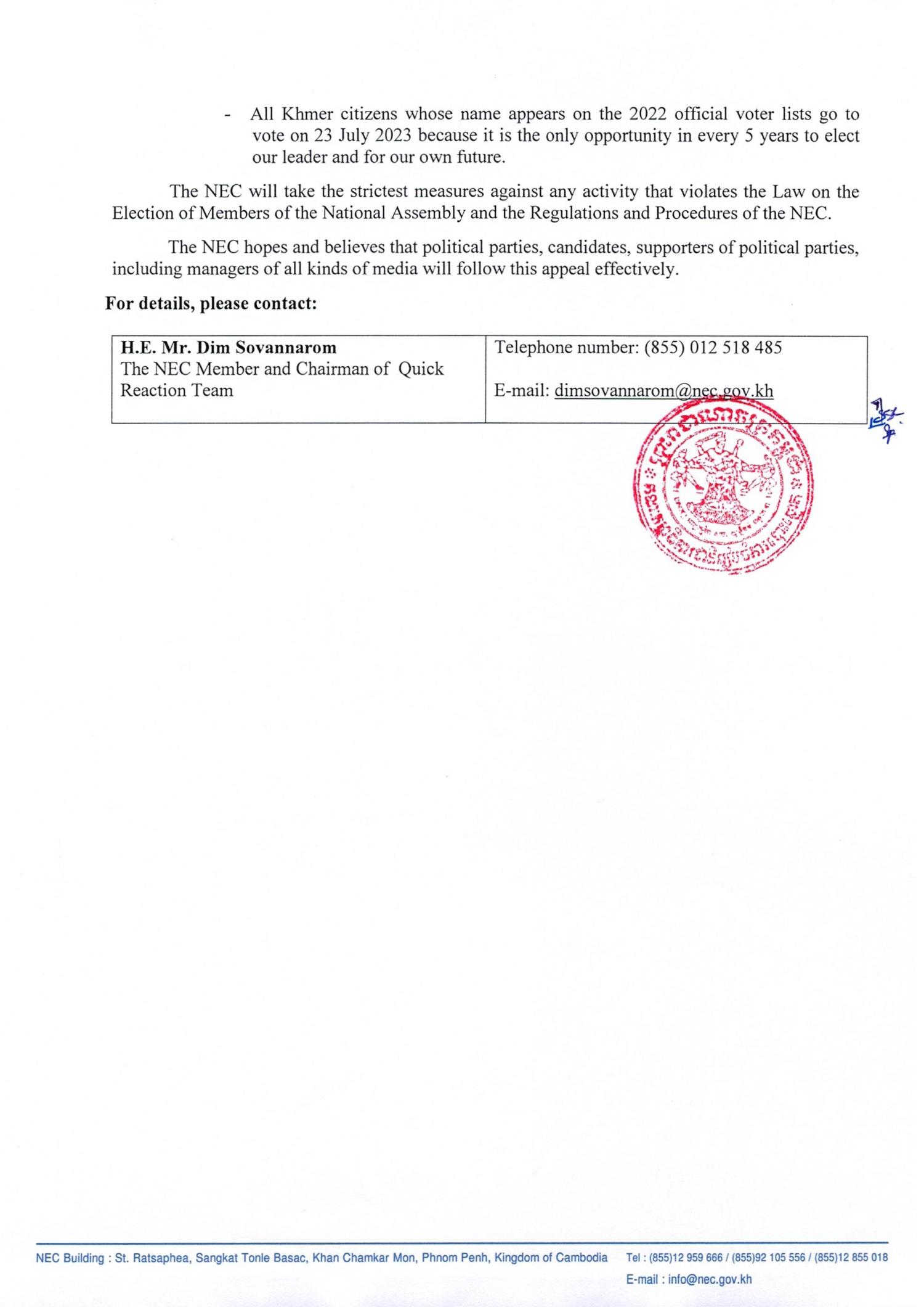 Press Release NEC Calls an Immediate End of Any Activity Contrary to ...